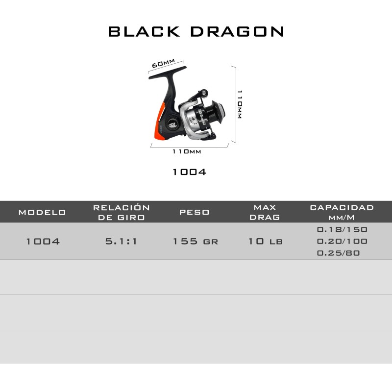 Micro Reel Frontal CASTER Black Dragon 1004 Pejerrey 4 Rulemanes